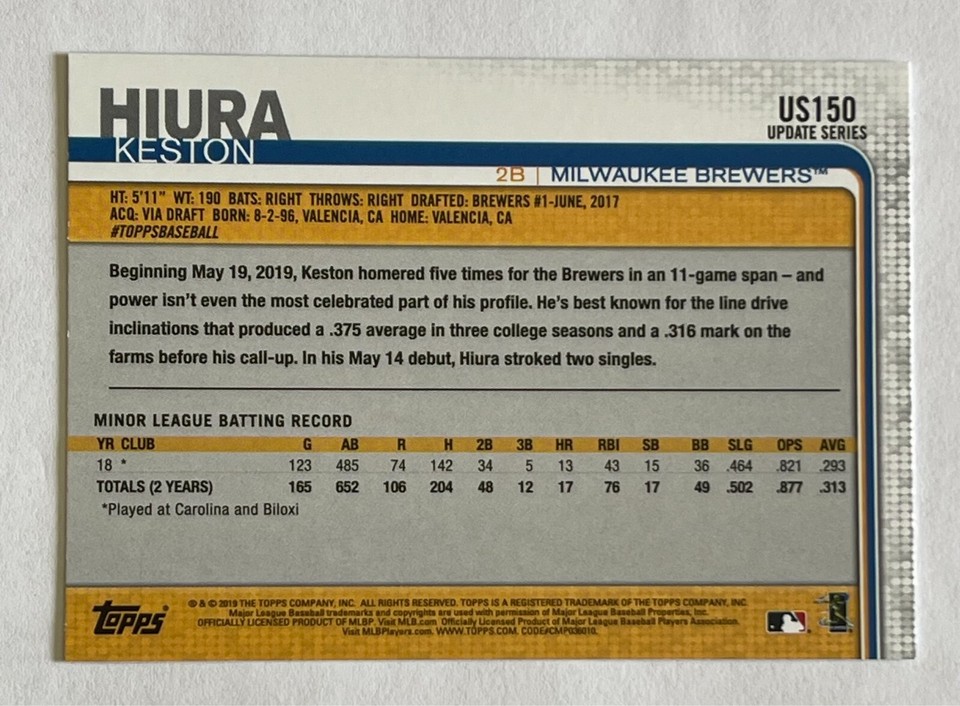 2019 TOPPS UPDATE KESTON HIURA #US150 ROOKIE 2B MILWAUKEE BREWERS ...