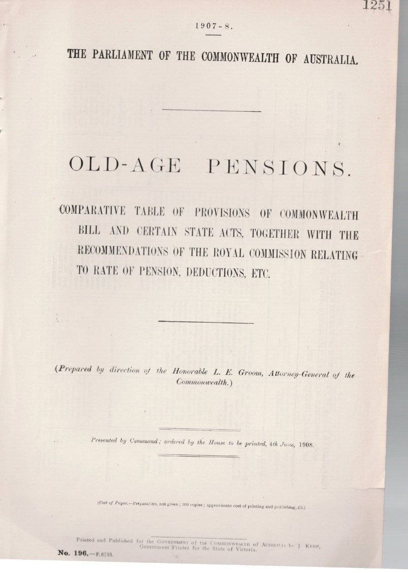 AUS PARLIAMENT PAPERS ,COMMONWEALTH , 1907-8 , OLD AGE PENSIONS | eBay