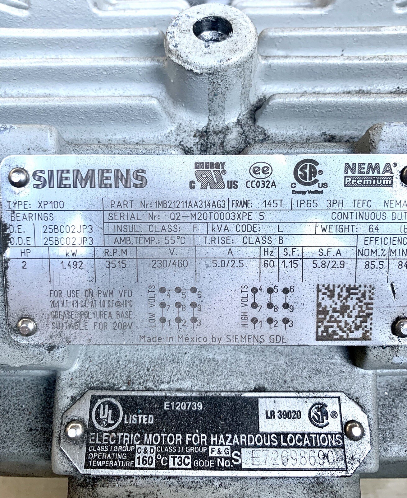 New Siemens 1MB21211AA314AG3 2HP 230/460V 1175RPM XP100 Explosion Motor ...