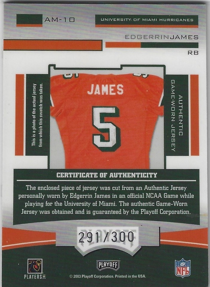 EDGERRIN JAMES MIAMI HURRICANES 2003 PLAYOFF HONORS ALMA MATER JERSEY ...