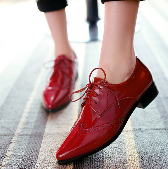 British Women's Patent Leather Brogues Pointed Toe Oxford Lace Up Shoes ...