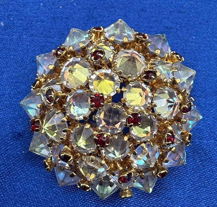 Vintage Clear AB and Ruby Red Rhinestone Dome Brooch Gold Tone C1247 | eBay