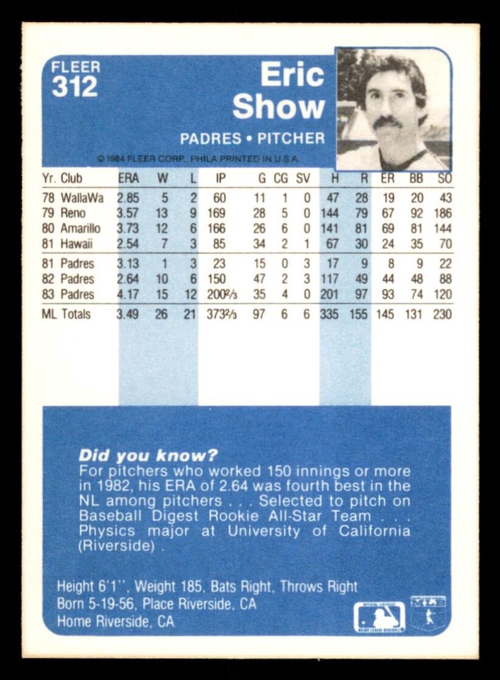 1984 Fleer #312 Eric Show San Diego Padres | eBay