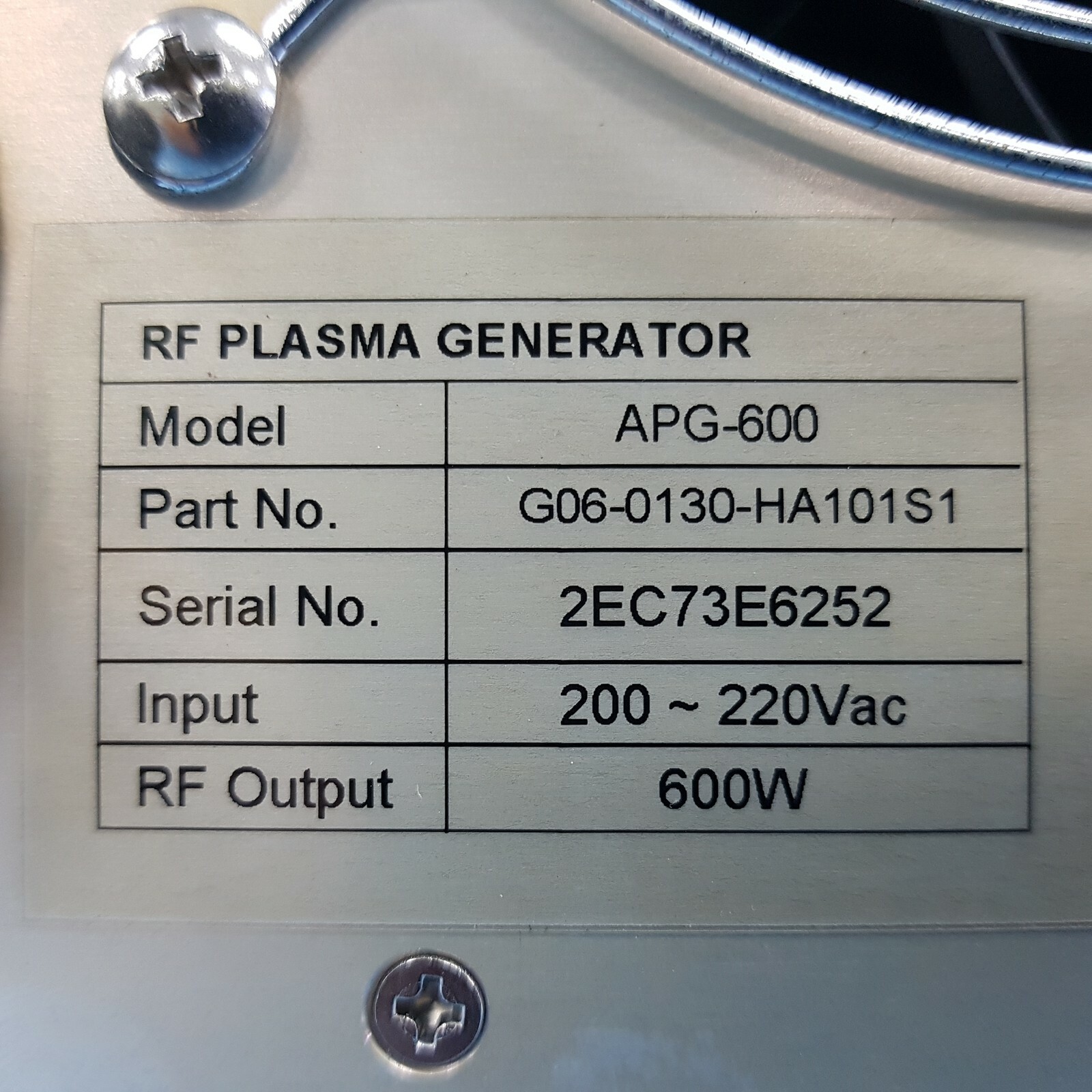 000-1205// ASE APG-600 (#1) G06-0130-HA101S1 RF PLASMA GENERATOR [ASIS ...