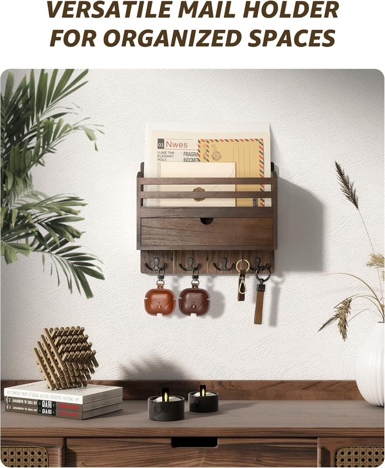 Rustic Farmhouse Wall Mail Organizer with Key Hooks and Storage Drawer ...