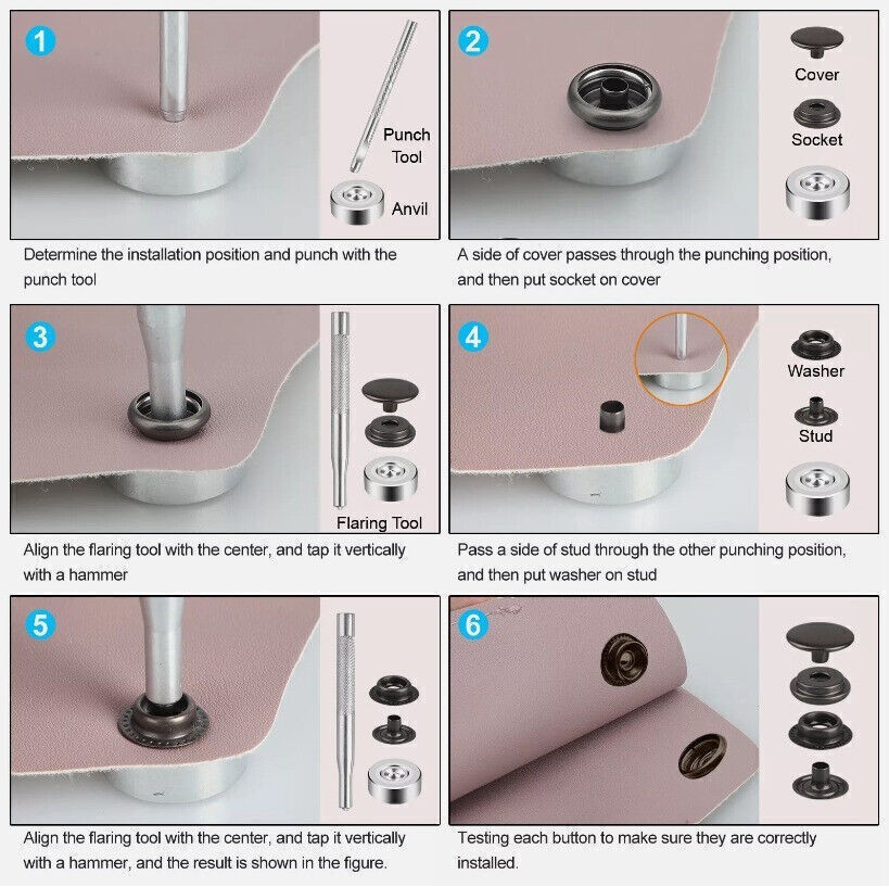 Stainless Steel Metal Snap Fastener Button Kit 70Set 5/8" for Leather ...