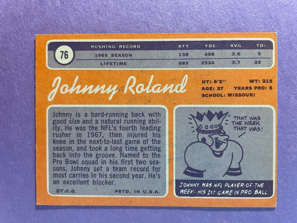 SIGNED JOHNNY ROLAND 1970 TOPPS FOOTBALL CARD AUTOGRAPHED - CARDINALS ...