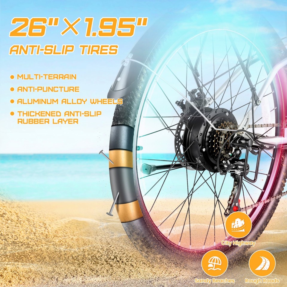 Electric Bike Adults 26In e Bike 500W Motor Cruiser Bicycle w/48V Li ...