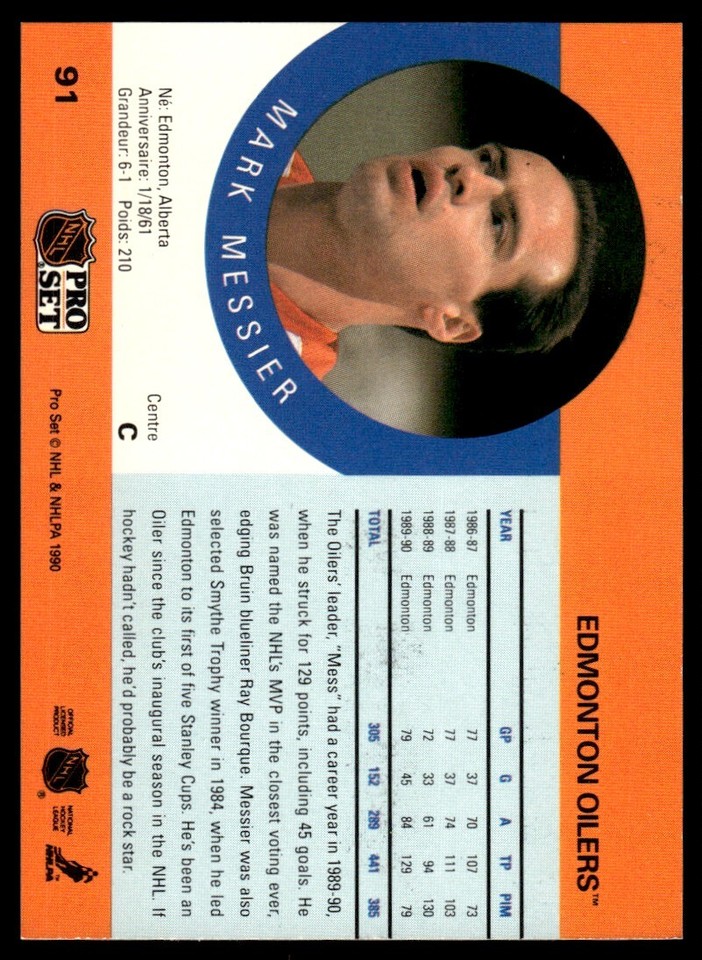 1990-91 Pro Set Mark Messier Edmonton Oilers #91 | eBay