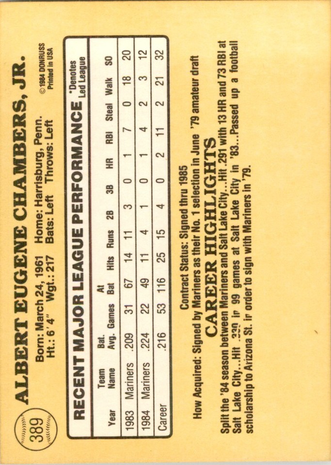 1985 Donruss Al Chambers 100 Baseball Cards #389 | eBay