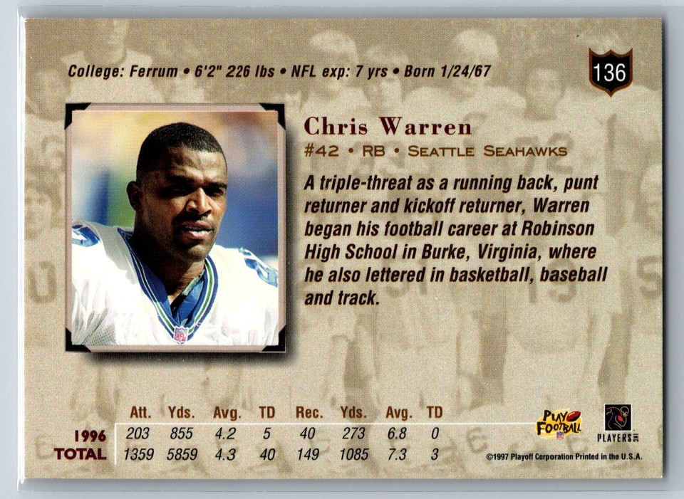 1997 Playoff Absolute Beginnings Chris Warren Seattle Seahawks #136 | eBay