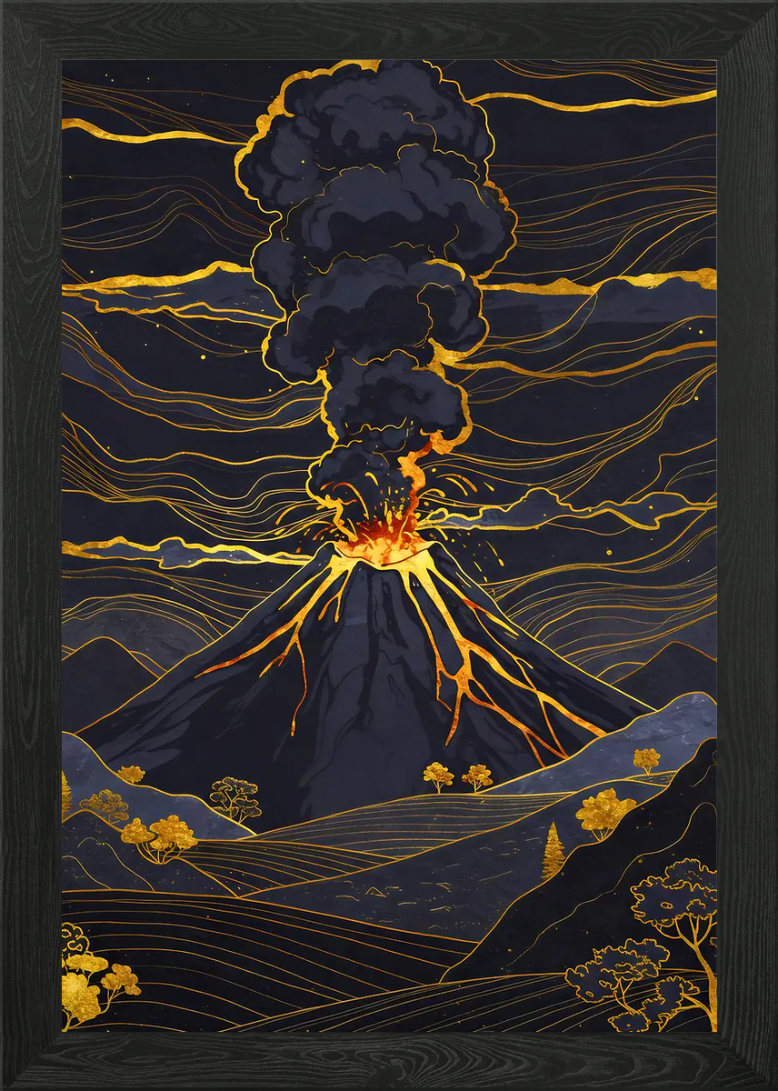 Volcano Eruption with Golden Accent Framed Wall Art Poster Canvas Print ...