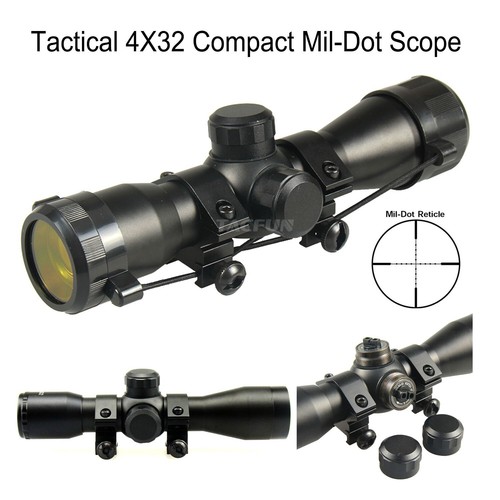 TACFUN 4x32 Compact .22 .223 .177 Rifle Scope Mil Dot Reticle w/ Rings ...