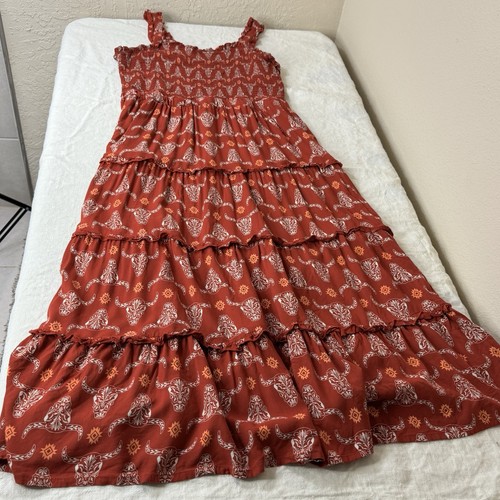 Smocked Tiered Maxi Dress Boho Womens Large Rust Vacation Sundress ...
