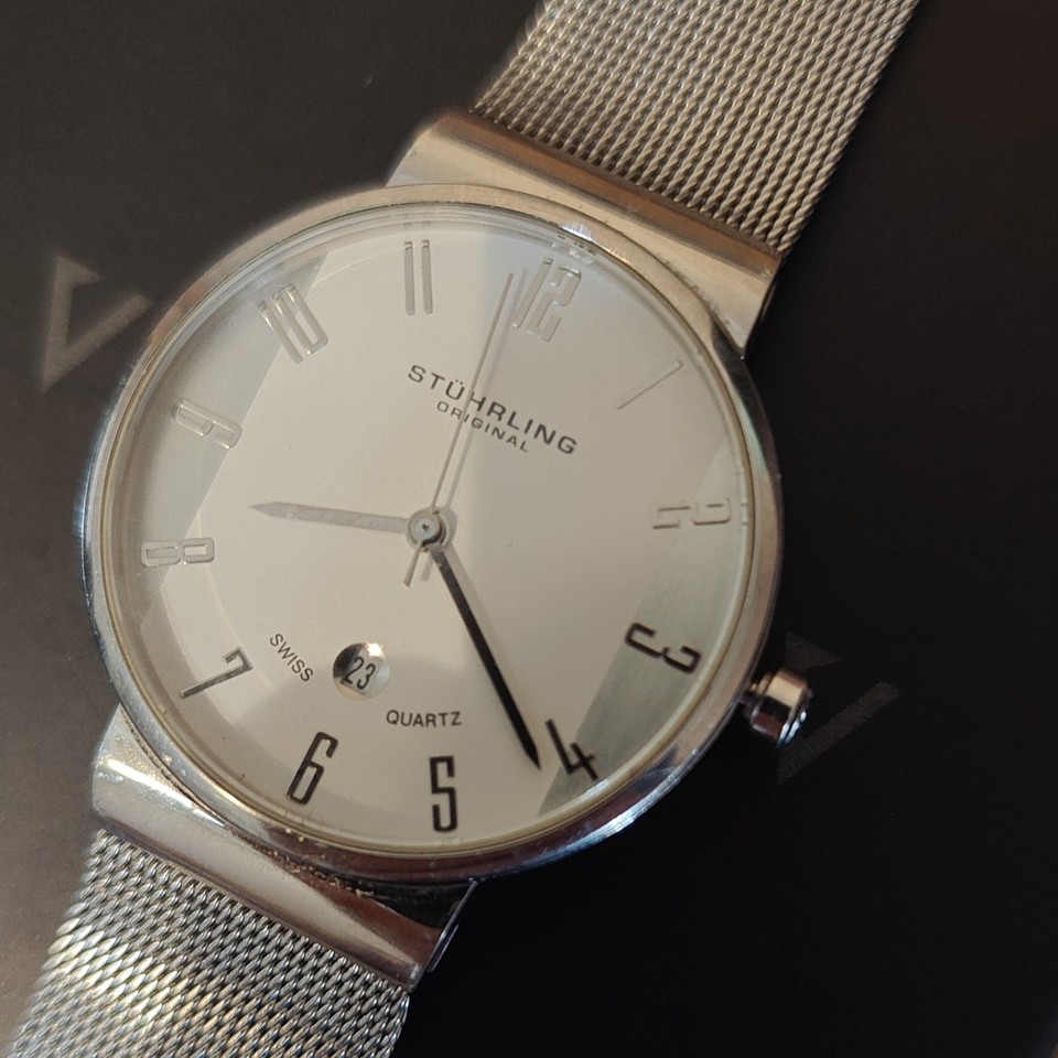 Stuhrling Original Quartz Analog Dress Watch Silver Dial Date 50m Mesh ...