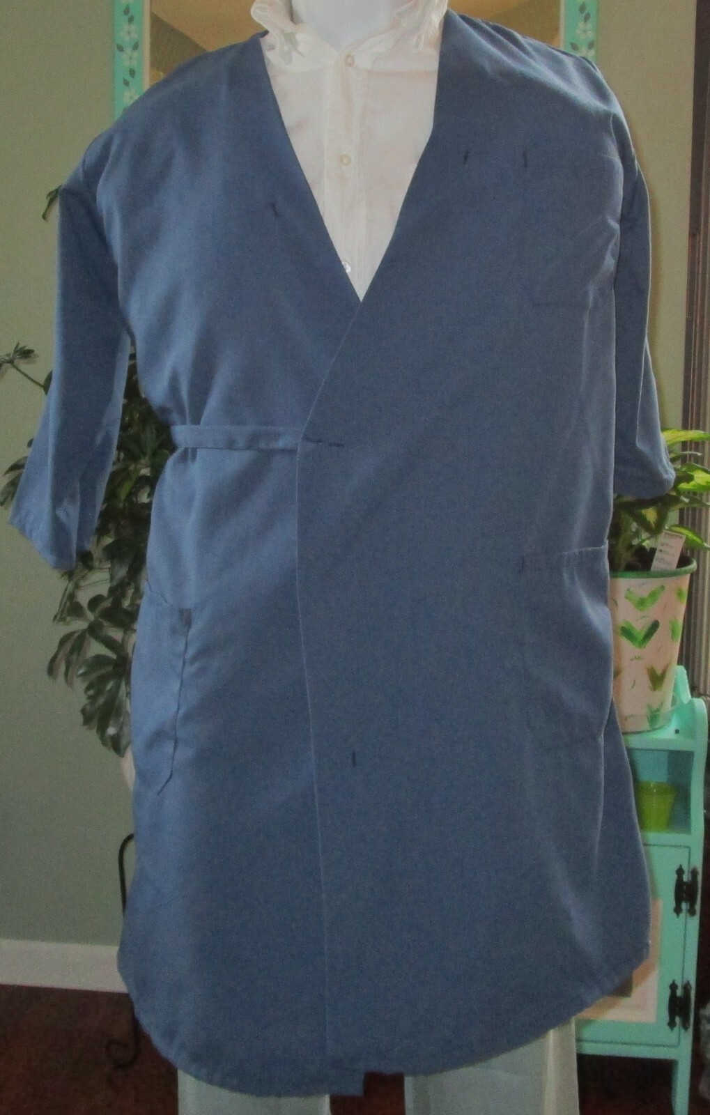 Wraparound Smock Gown 3 Pocket 3/4 Sleeve Medical Butcher 37" Length Sz ...