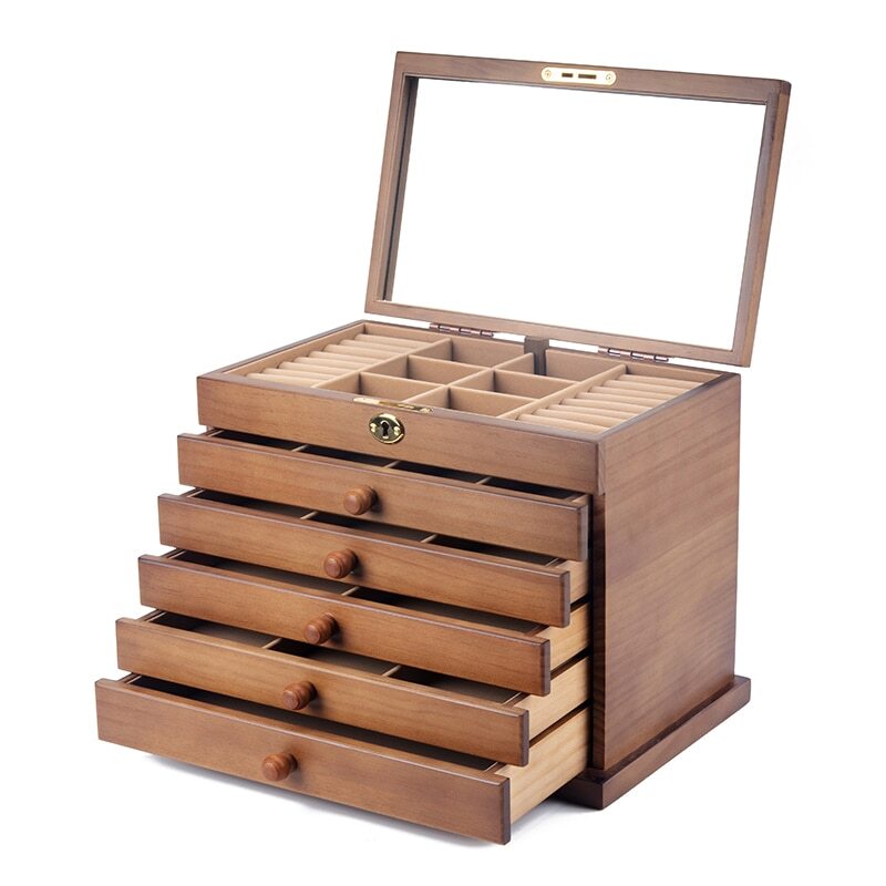 Solid Wood Six-Layer Jewel Box Large Capacity With Lock Earring ...