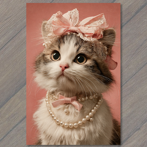 Art Print Elegant Cat Wearing Pearl Lace Bows Regal Feline Portrait ...