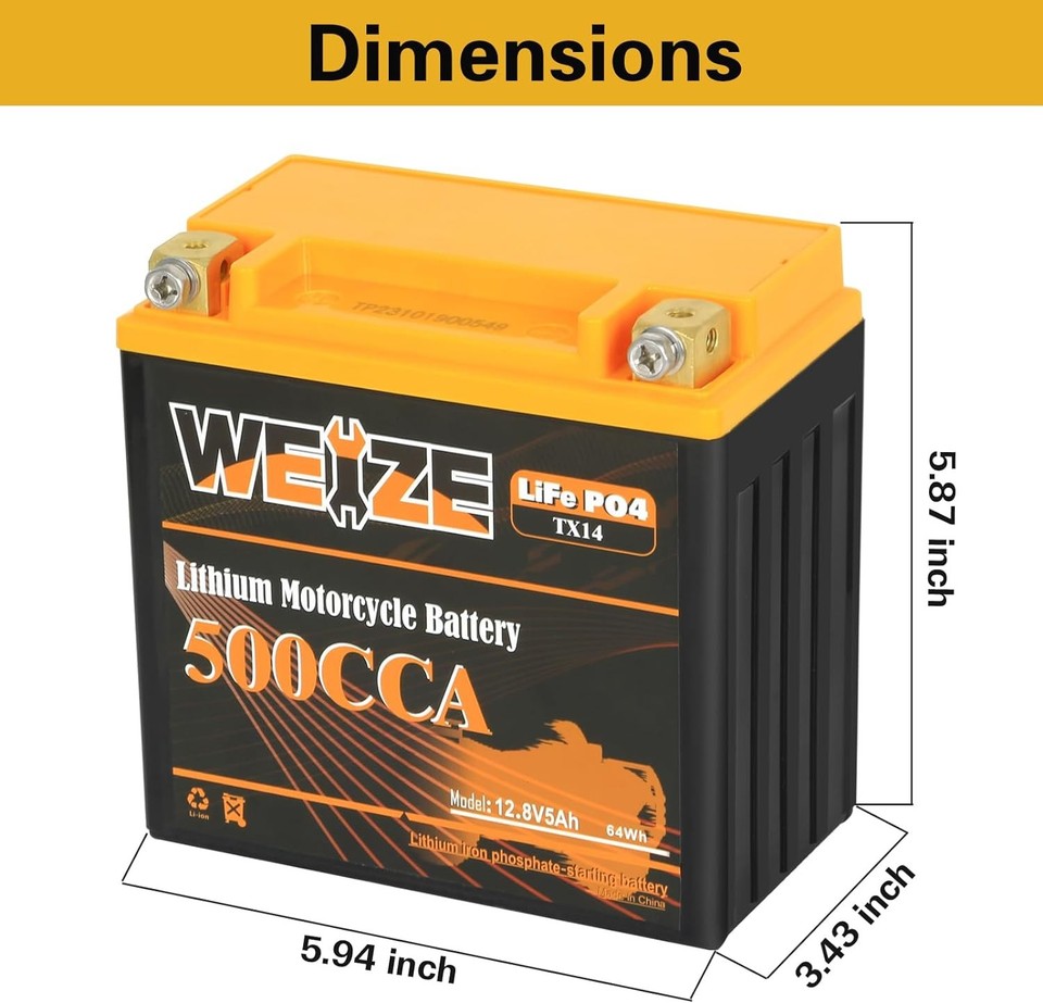 Weize Lithium YTX14-BS, Group 14, 500A LiFePO4 Motorcycle Battery, 12V ...