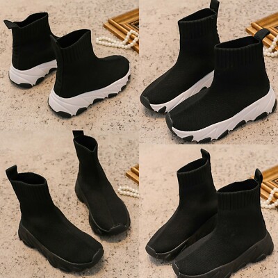 Girls Sock Trainers Sneakers Slip On High Top Jogging Kid Pumps School ...