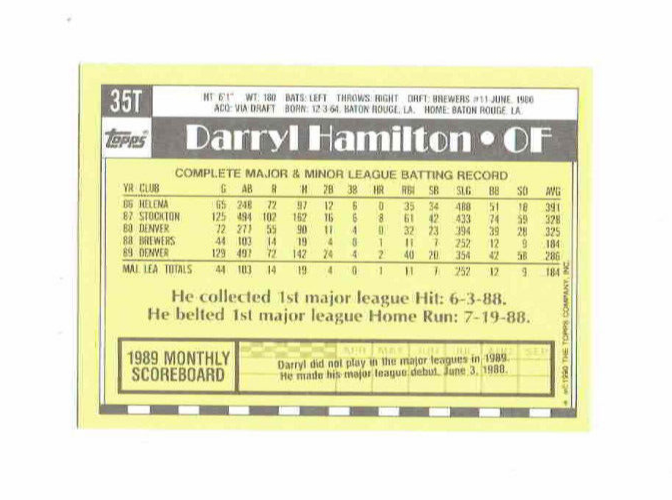 Darryl Hamilton Brewers OF 35T Topps 1990 Baseball Card | eBay