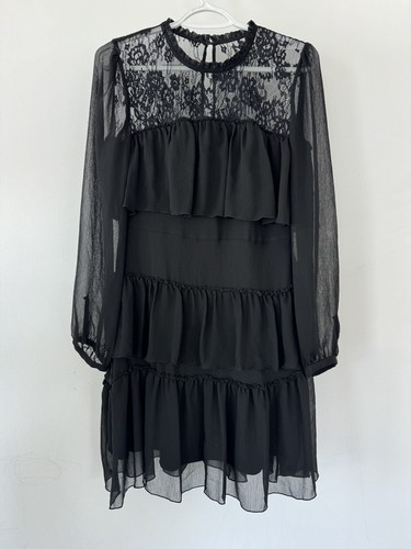 Gianni Bini Tiered Dress Black Sheer Lace Long Sleeve Layered Womens 4 | eBay
