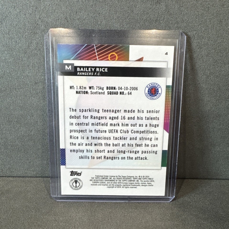 2024 BAILEY RICE 92/275 topps finest uefa europa league blue rookie rc ...