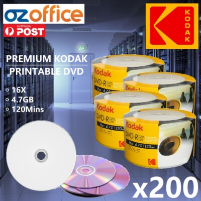 PREMIUM 200 x KODAK DVD-R 16x 4.7GB Inkjet Printable Blank DVD Discs ...