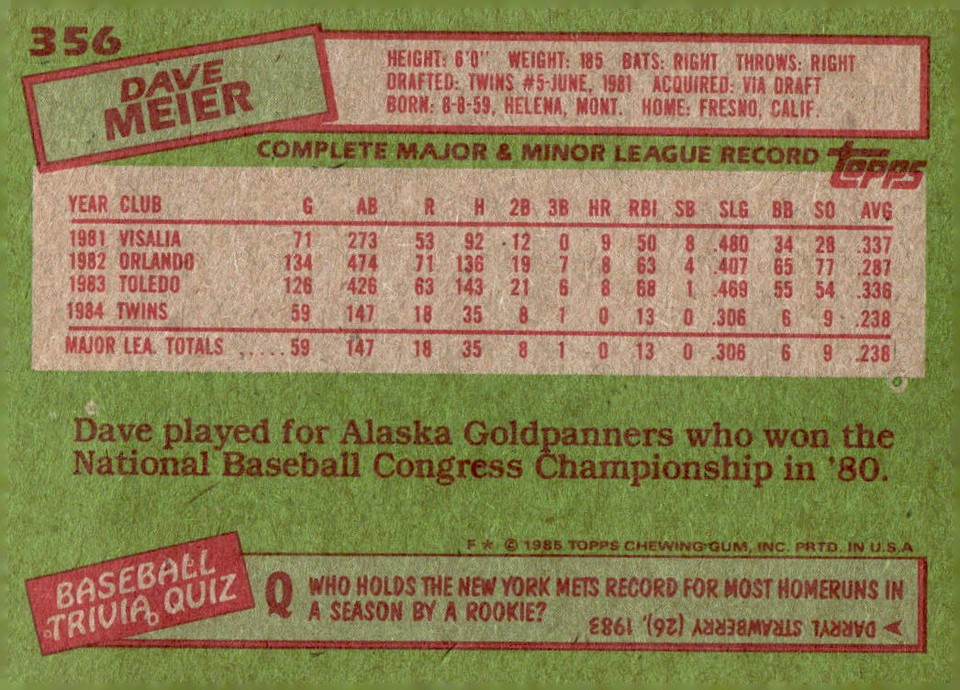 1985 Topps #356 Dave Meier - Minnesota Twins | eBay