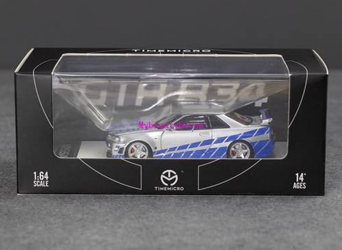 TM 1:64 Silver Blue Skyline GTR R34 FNF Sports Model Diecast Metal Car ...