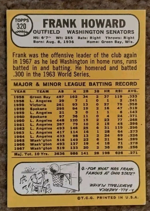 1968 Topps Baseball Frank Howard Card #320 In VG Condition | eBay
