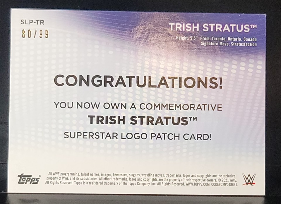 TRISH STRATUS 2021 TOPPS WWE COMMEMORATIVE SUPERSTAR LOGO PATCH SP /99 ...