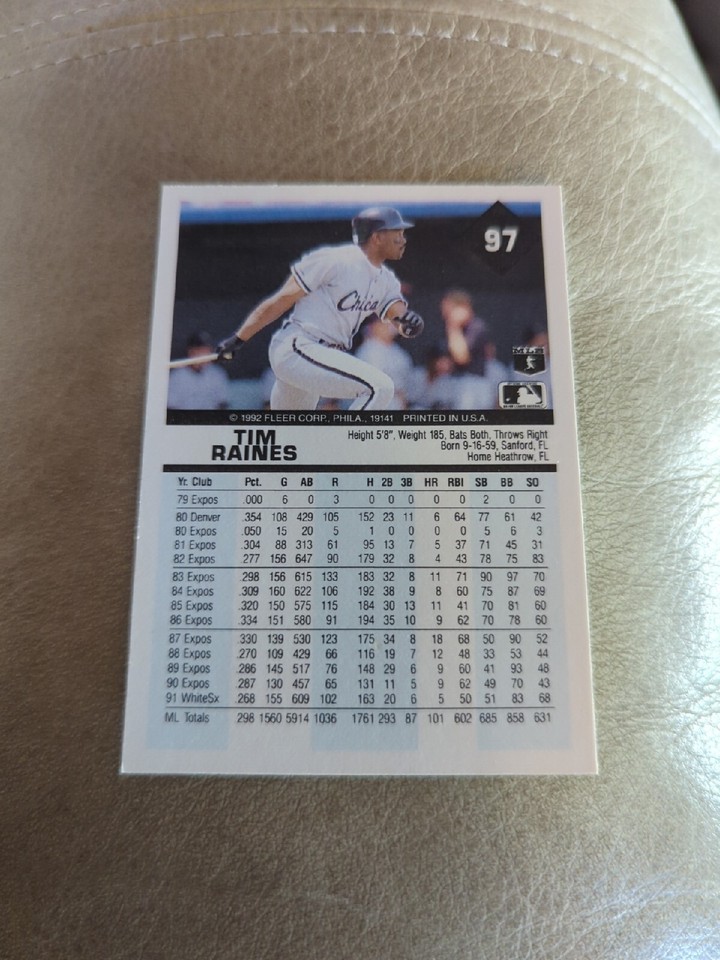 1992 Fleer Baseball Card #97 Tim Rock Raines Chicago White Sox NmMt ...