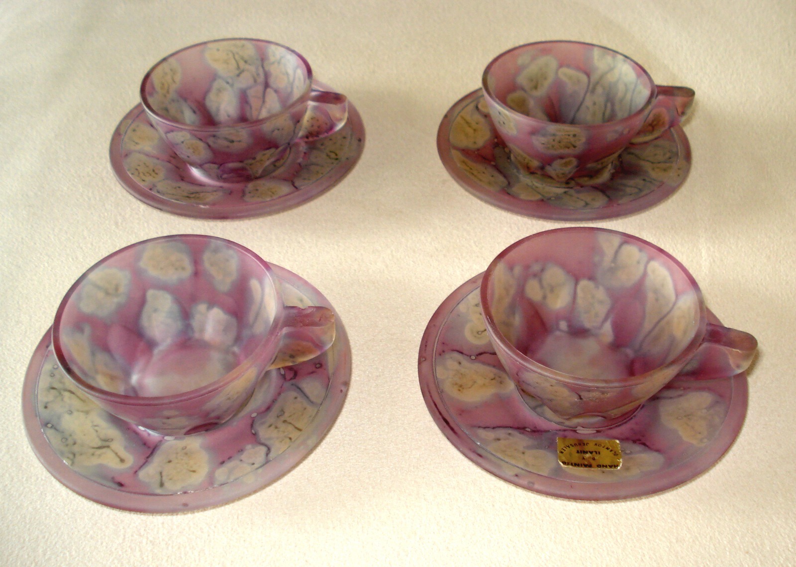 VTG GLASS ART ILANIT OLAMTOV JERUSALEM HAND PAINTED SET 4 CUPS AND ...