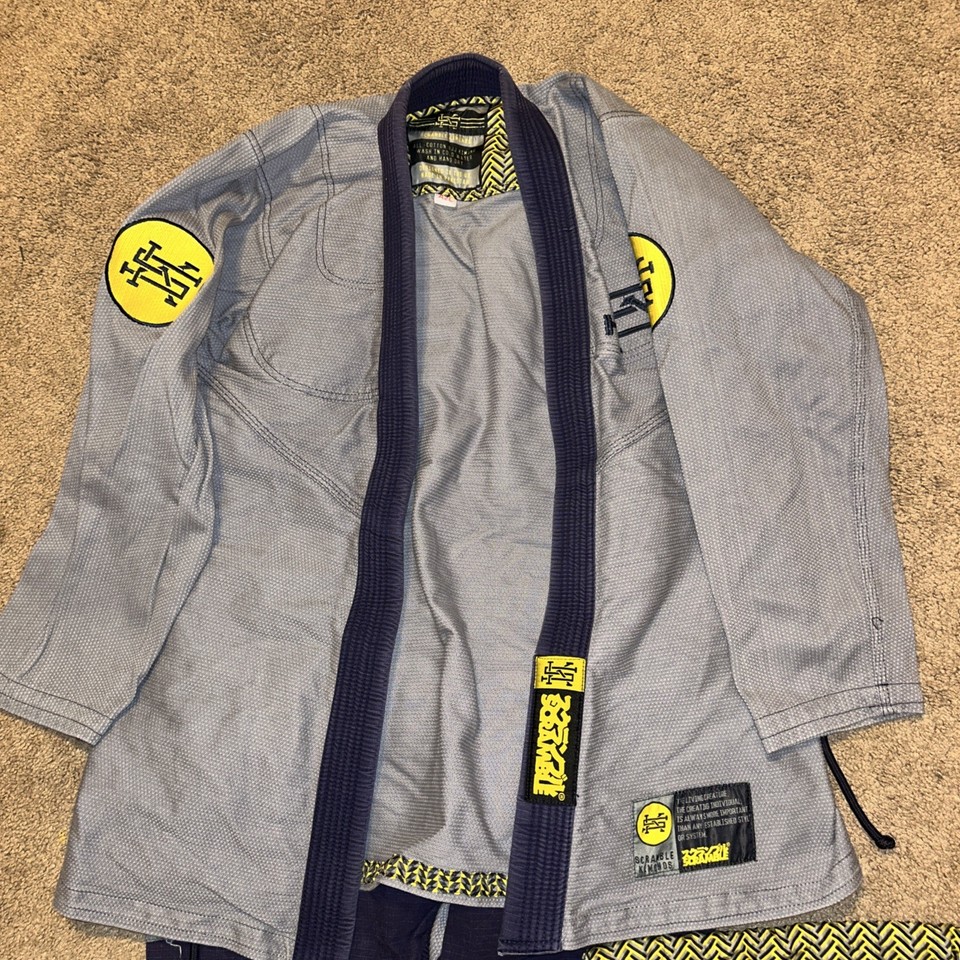 rare color ! SCRAMBLE ATHLETE Gi kimono & pants size A2L, Gray/Blue BJJ ...