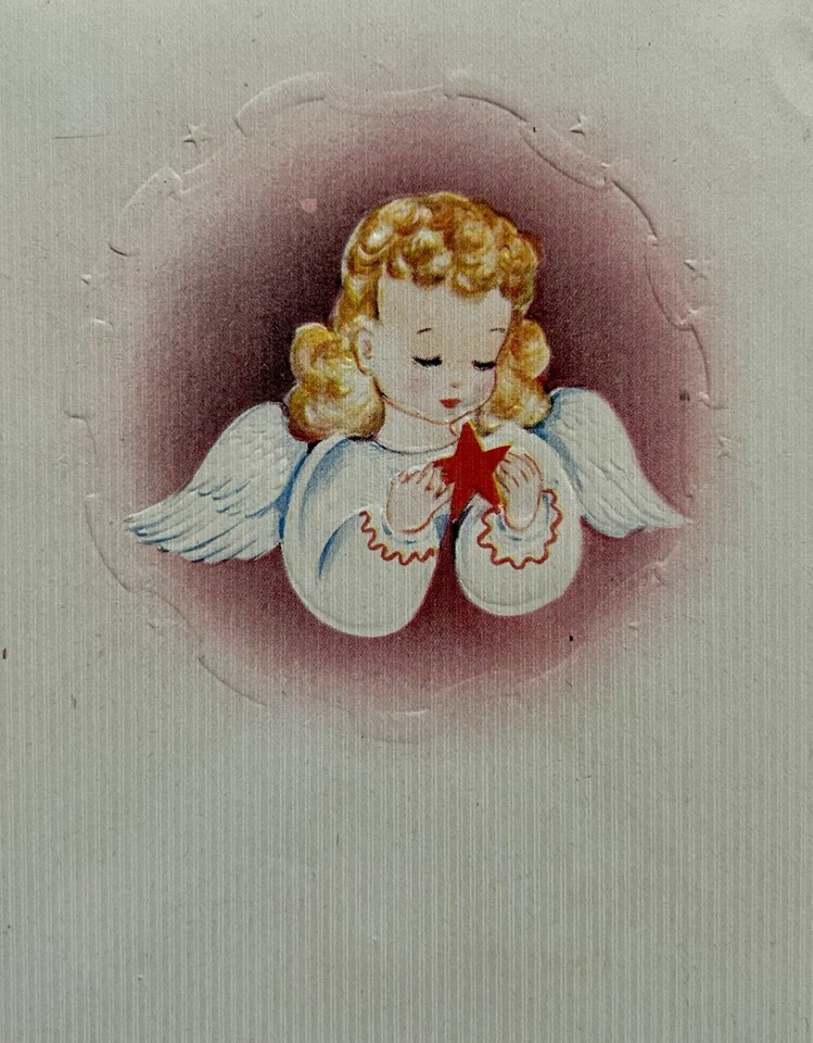 Vintage 1944 Glittered Merry Christmas Angel with Red Ribbon Greeting ...