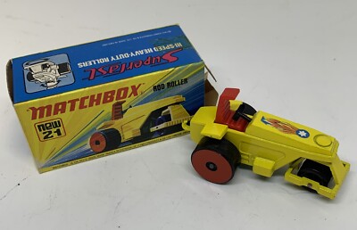 Matchbox Superfast No.21 Rod Roller Yellow Red Wheels Green Base Flame ...