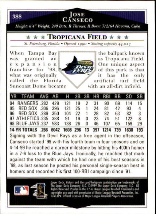 1999 Upper Deck Victory Tampa Bay Devil Rays Baseball Card #388 Jose ...
