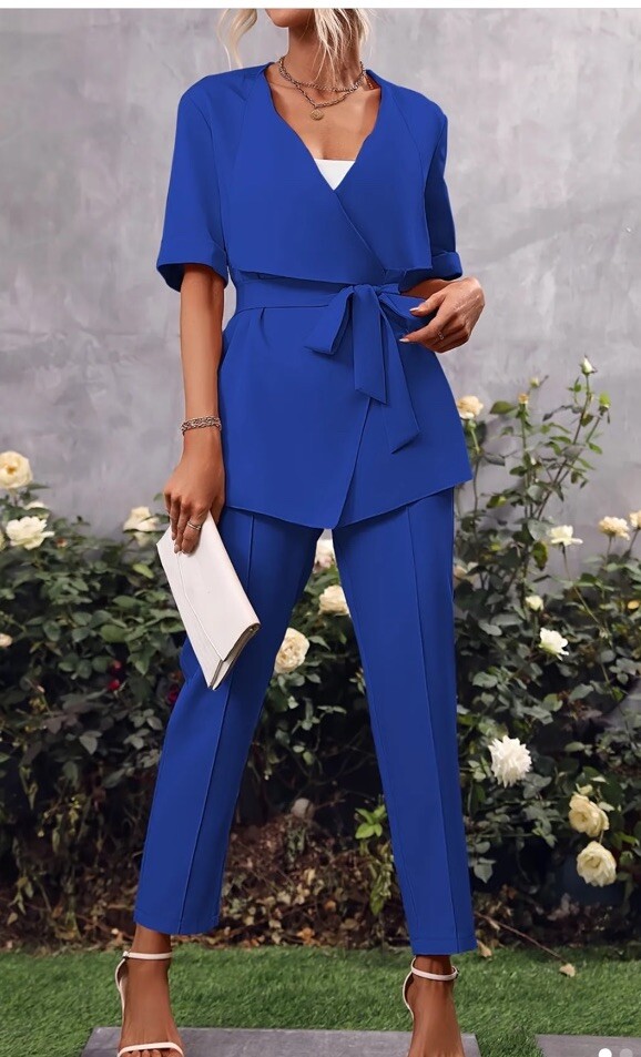 Temu Casual Blue Two Piece Set Short Sleeve Belted Top Taped Pants ...