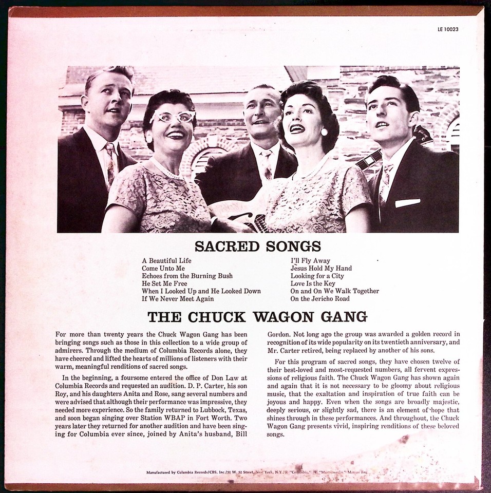 THE CHUCK WAGON GANG SACRED SONGS COLUMBIA LE 10023 VG-EXC VINYL LP 213 ...
