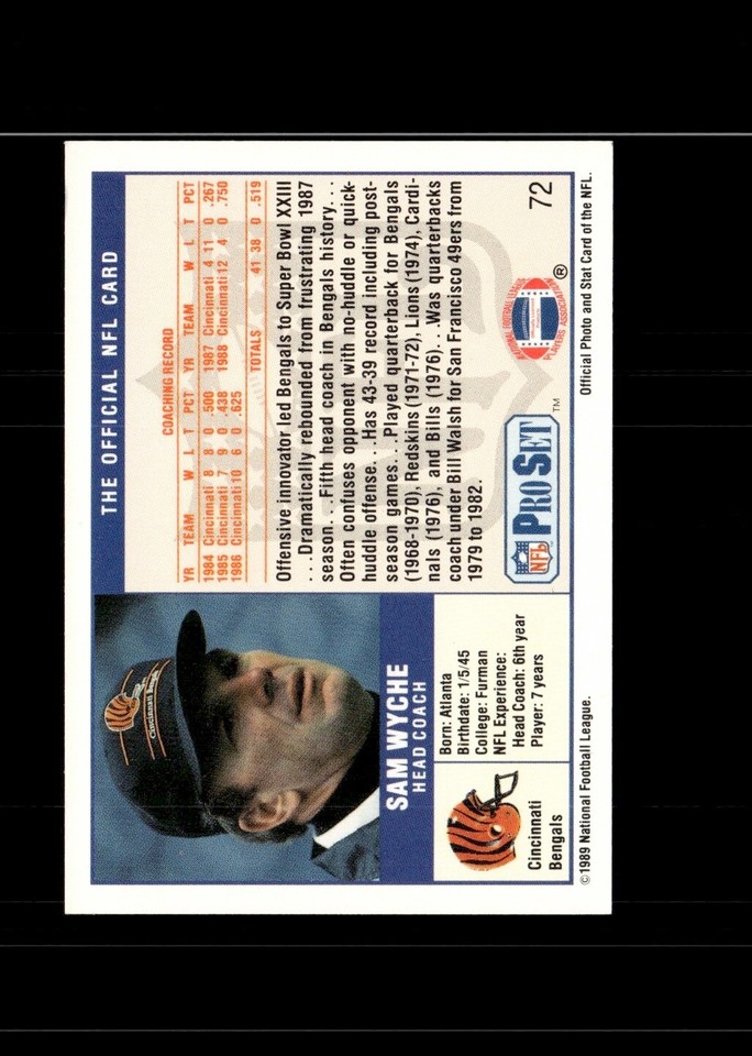 1989 Pro Set - #72 Sam Wyche (RC) | eBay