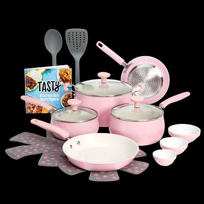 Tasty Clean Ceramic Non-Stick Aluminum Cookware Set 16 Pc, Pink ...