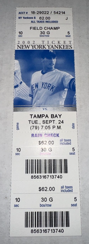 9/24/02 Tampa Rays Yankees LOGO Ticket Stub Jeter Hit Mussina CGSO ...