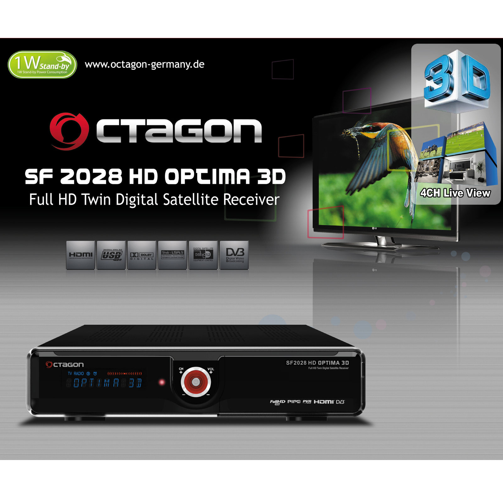 > OCTAGON SF2028 HD 3D Optima 2x DVB-S2 TWIN Tuner USB PVR SAT Receiver ...