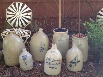 MINT ANTIQUE GARDINER ME USA 6 GAL. STONEWARE BUTTER CHURN w/ WOOD ...
