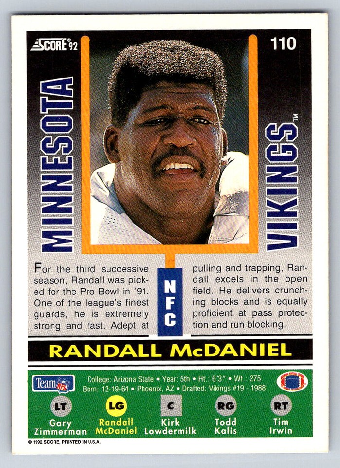 #110 Randall McDaniel Minnesota Vikings 1992 Score | eBay
