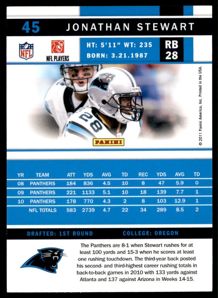 2011 Score Jonathan Stewart Carolina Panthers #45 1092 | eBay