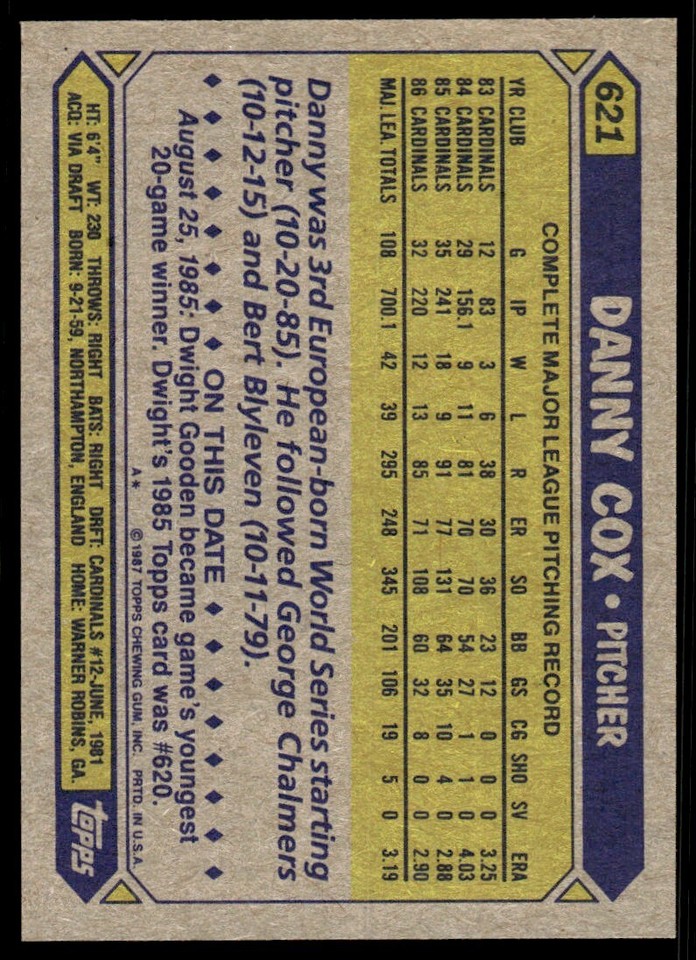1987 Topps Baseball Card Danny Cox St. Louis Cardinals #621 | eBay