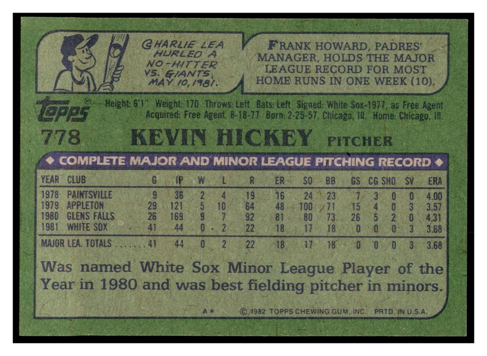 1982 Topps Kevin Hickey RC #778 Chicago White Sox | eBay