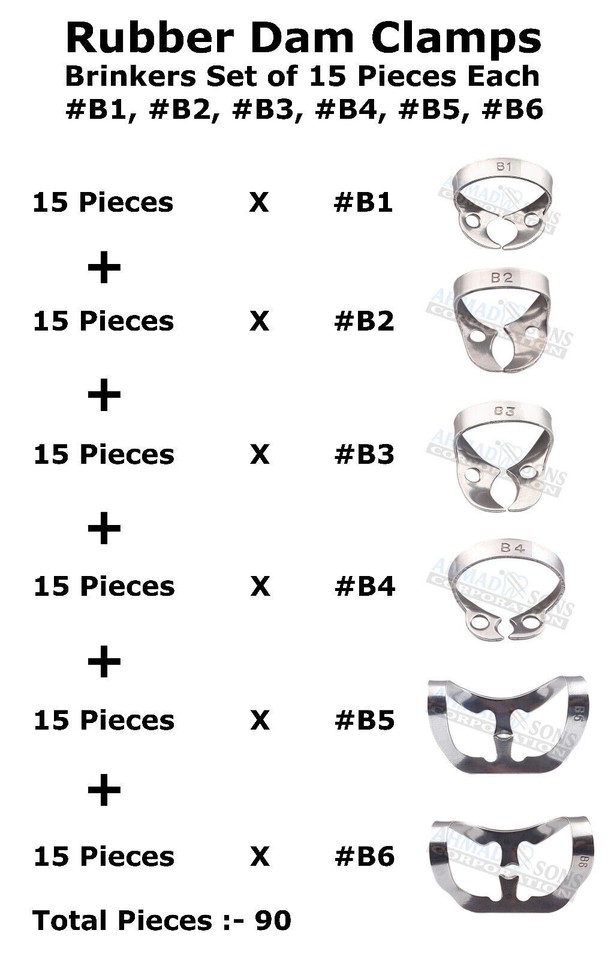 Dental Rubber Dam Clamps Brinkers B1+B2+B3+B4+B5+B6 Endodontics Set of ...
